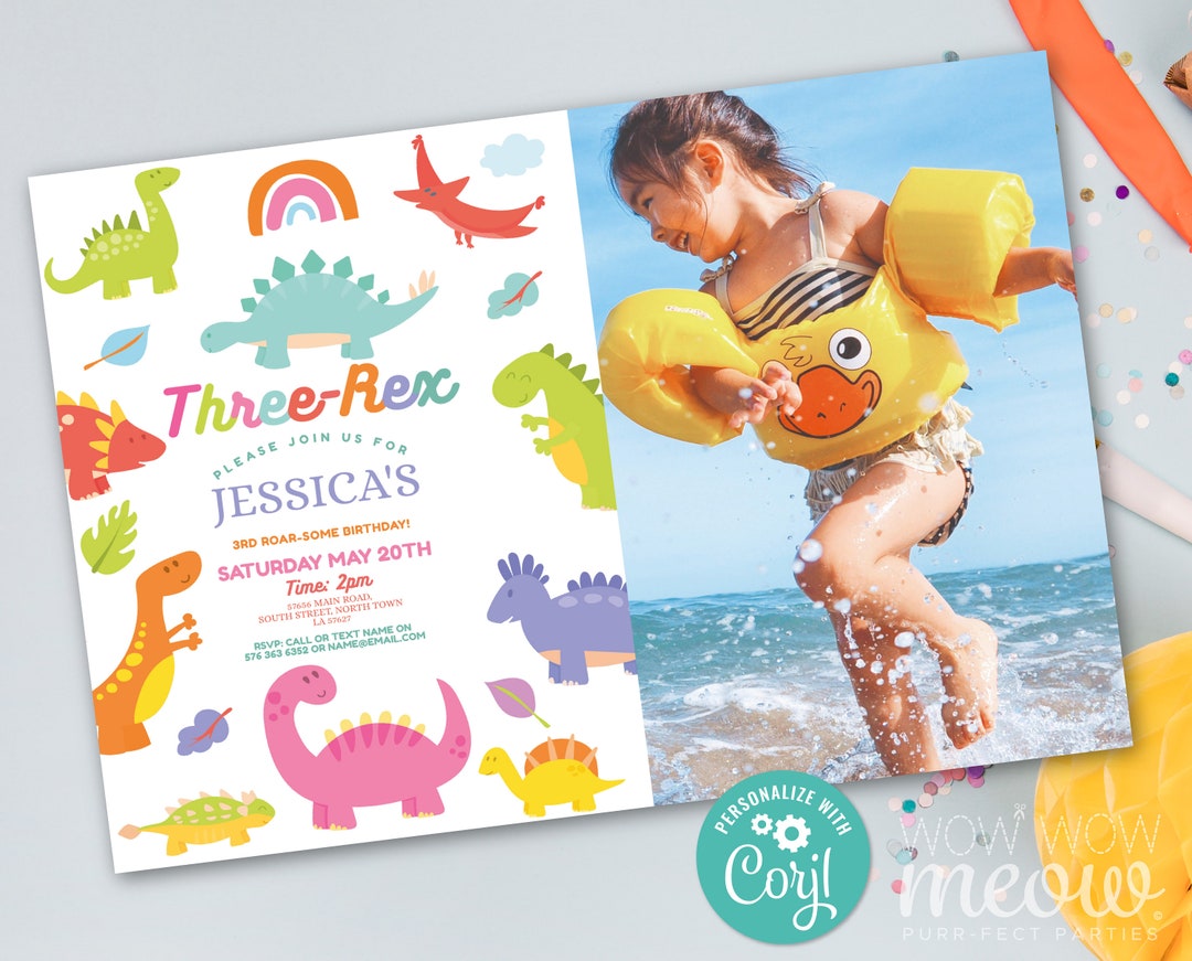 Dinosaur Birthday 3 Three Invitation Three-rex Party Dino 3rd Photo ...