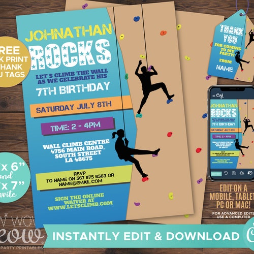 Rock Climbing Invite Indoor Climbing Party Printable Birthday | Etsy
