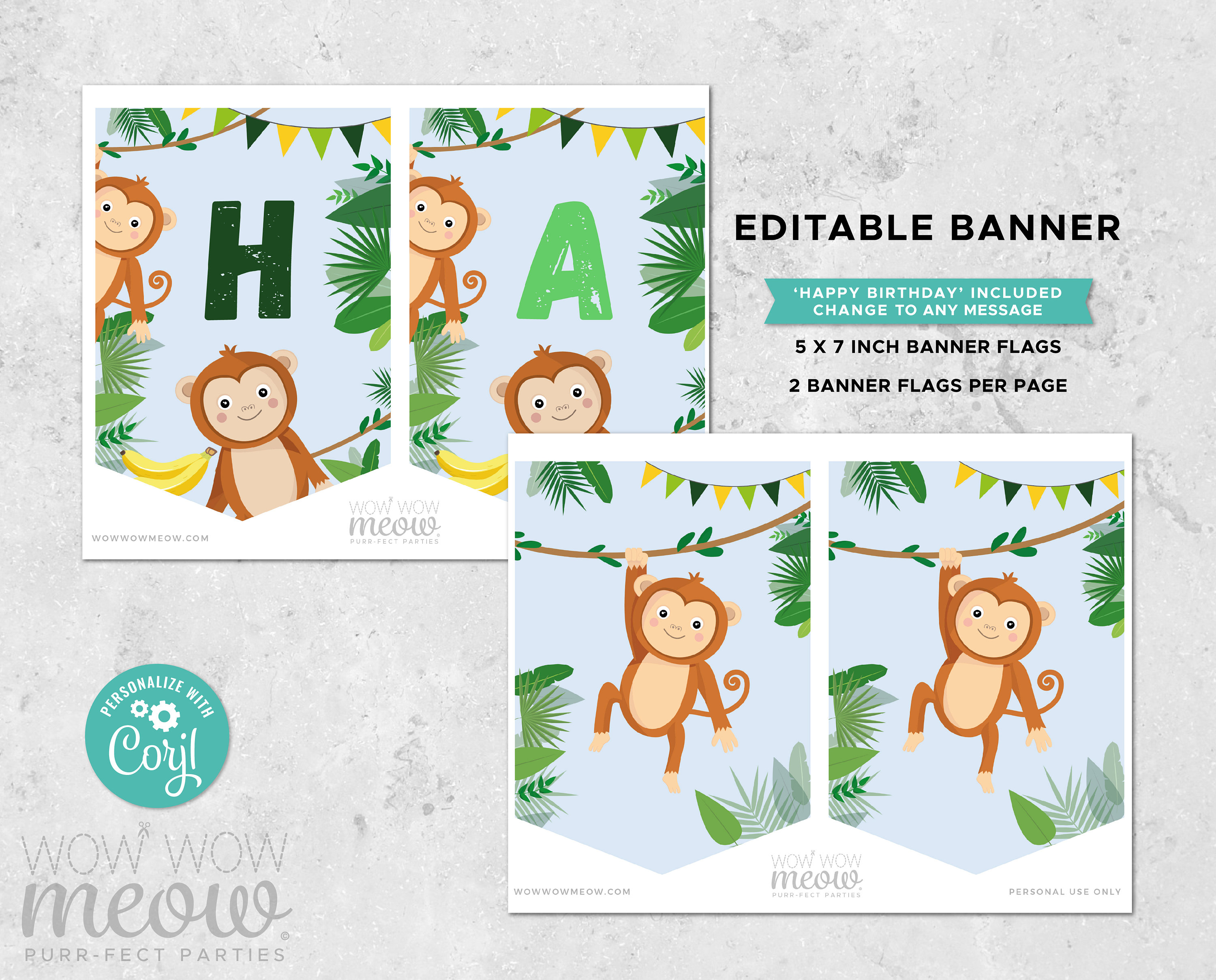 Monkey Birthday Party Banner Blue Go Bananas Editable Download Boys ...