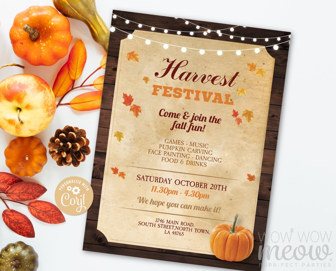 Fall Harvest Festival Invitations Party Event Rustic Invite Printable ...