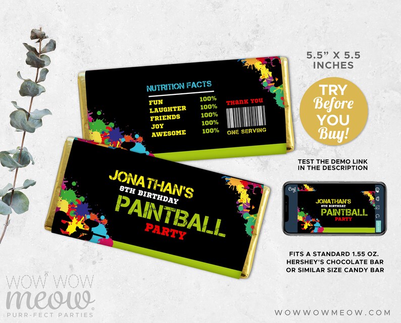Paintball Chocolate Bar Wrapper Birthday Paint Ball Candy Editable ...