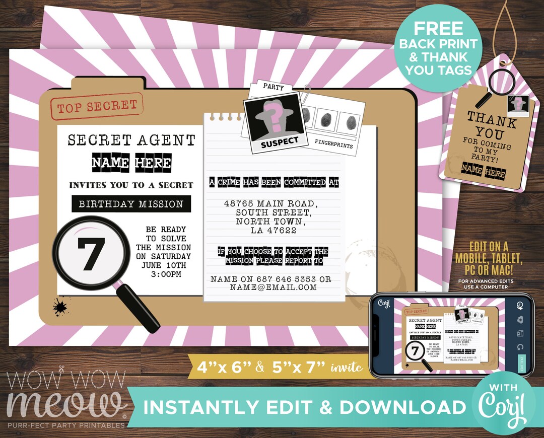 Secret Agent Invitations Pink Girls Birthday Invite Spy - Etsy