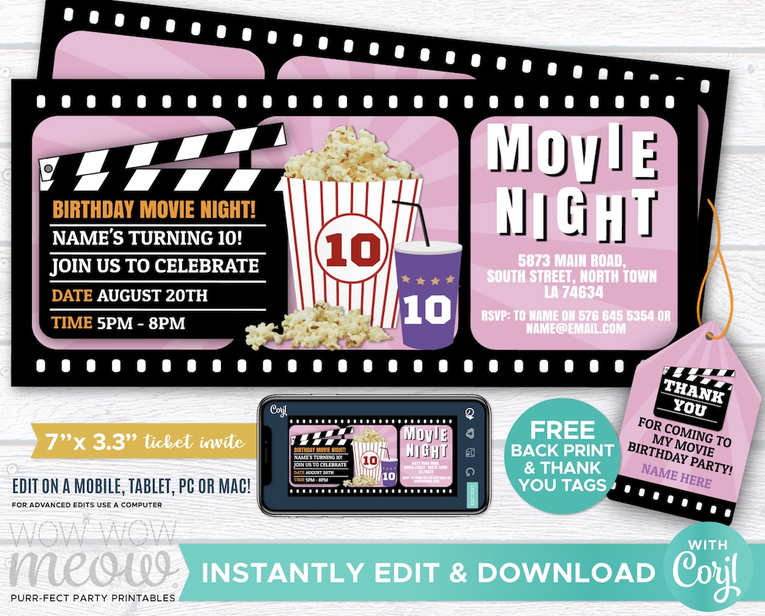 Pink Girls Movie Night Ticket Invitations Film Birthday Party - Etsy