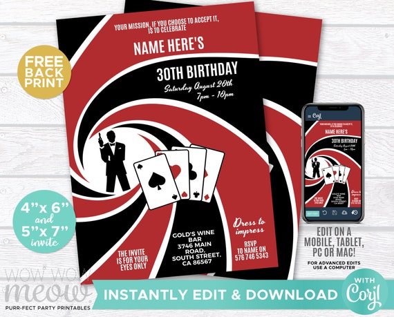 Casino Royale Invitations Spy Black Tie Invites Any Age | Etsy