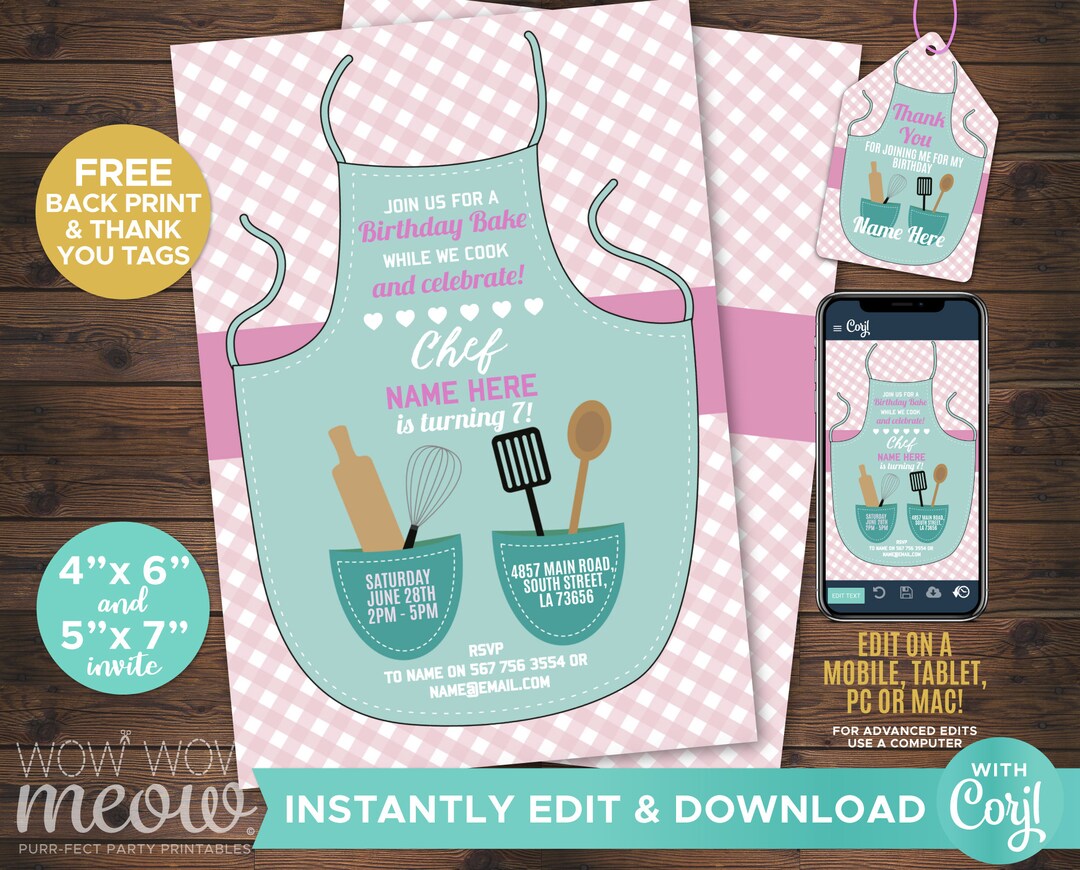 Bakery Birthday Apron Party Cookie Bake Invitation INSTANT DOWNLOAD ...