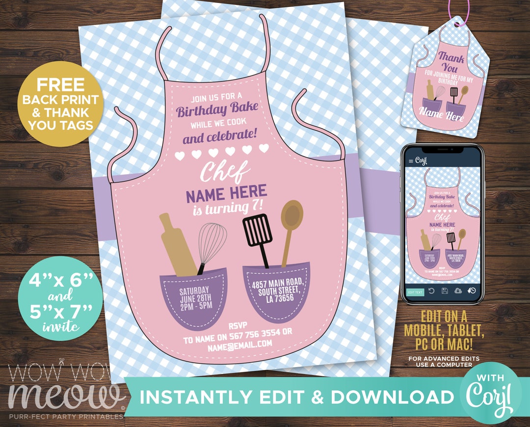 Bakery Birthday Apron Party Cookie Bake Invitation INSTANT DOWNLOAD ...