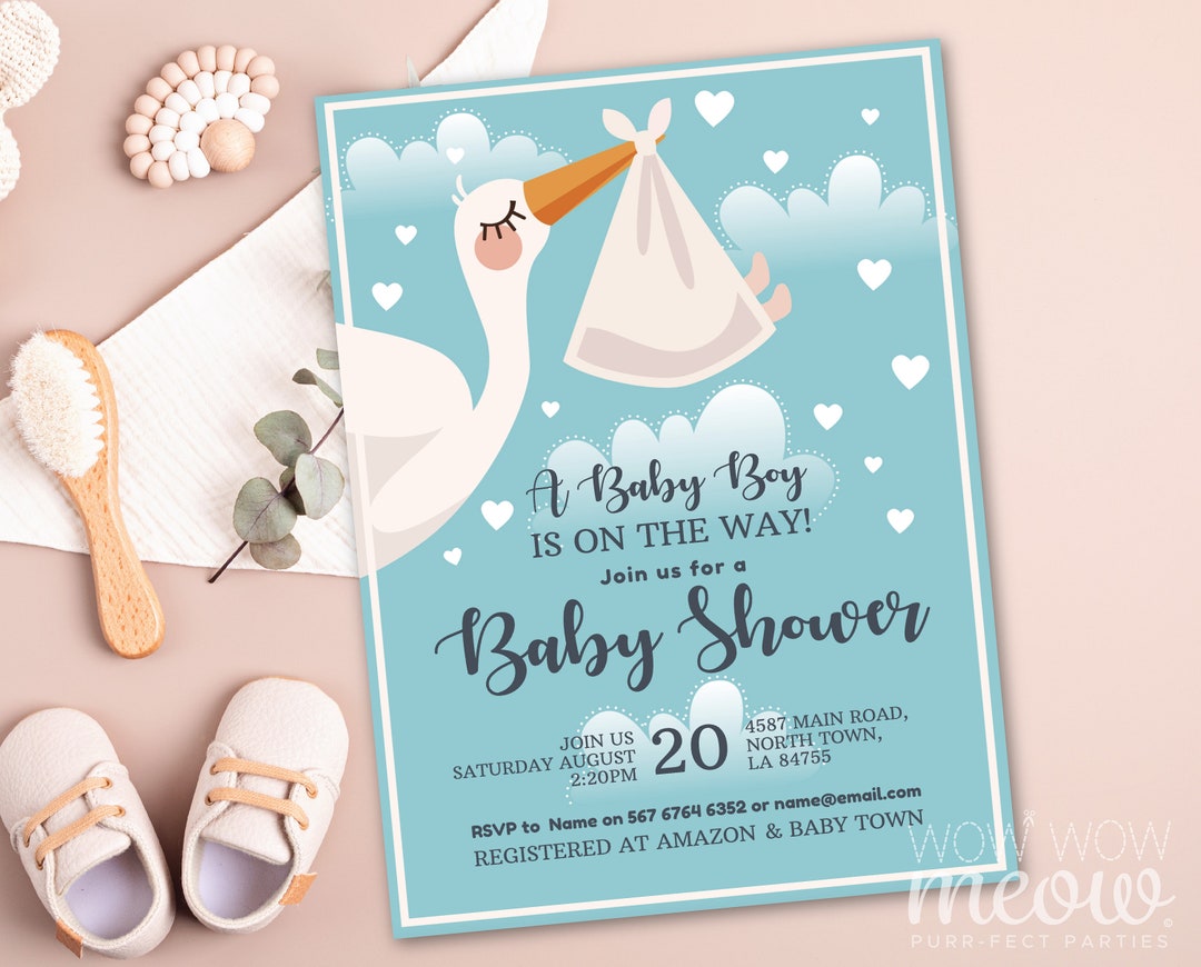 Stork Baby Shower Invitation Blue Boy Cute Clouds Boho Invites Bird Sky ...