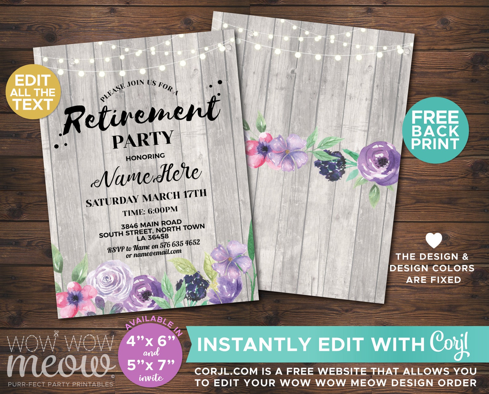 Retirement Invitation Floral Rustic Wood Retired Invites INSTANT ...