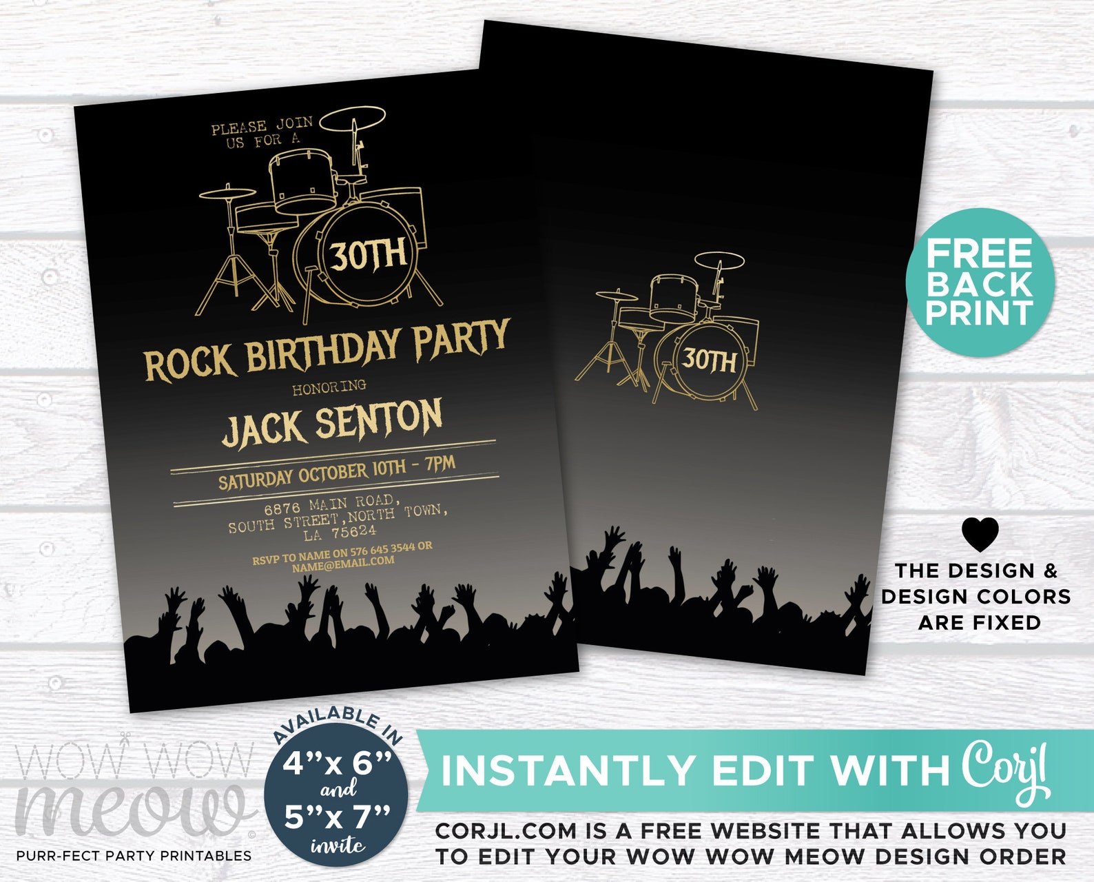 Rock Birthday Invitations N Roll Gold Party Invite Drum Kit | Etsy