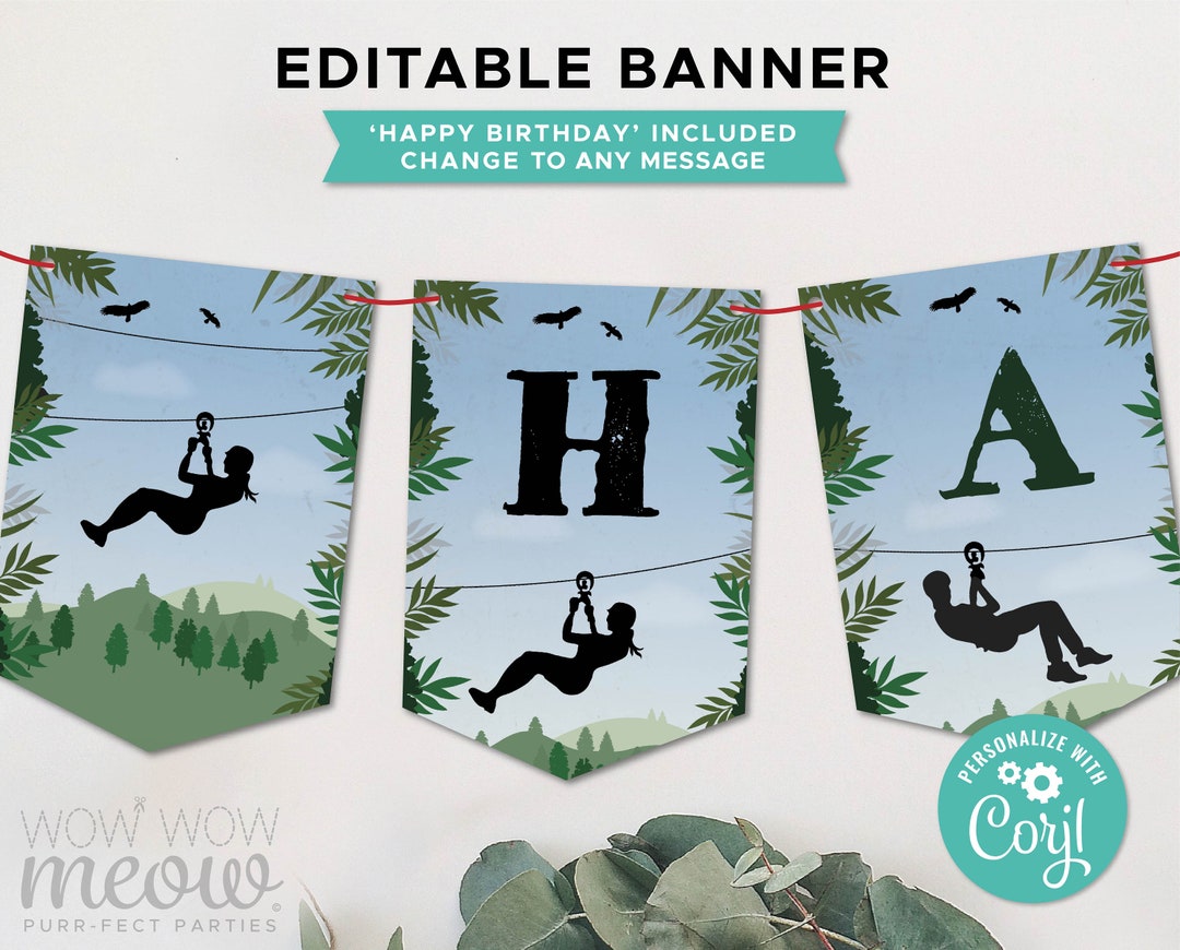Zip Line Party Birthday Banner Pink Editable Zip Lining Adventure Trek ...