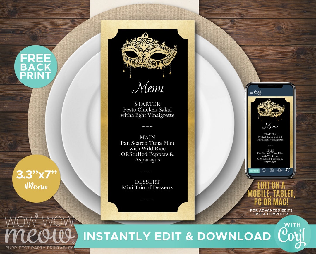 Menu Masquerade Dinner Template Wedding Gold Black INSTANT DOWNLOAD Set ...