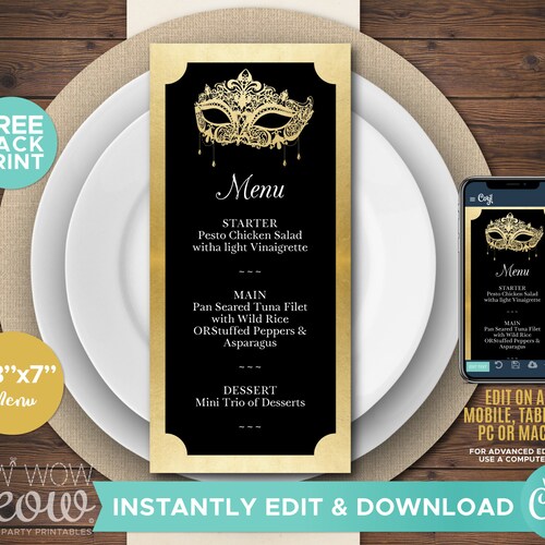 Masquerade Menu Dinner Template Wedding Gold Black INSTANT - Etsy