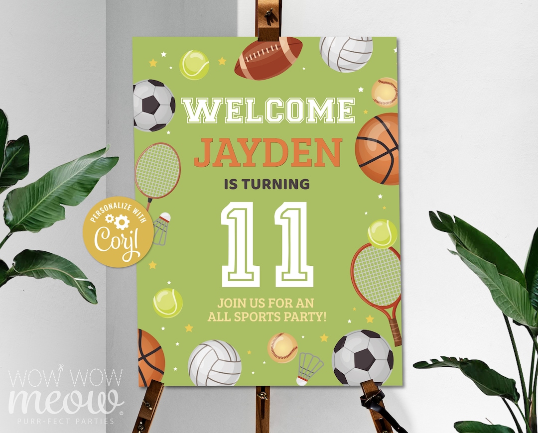 All Sports Party Birthday Welcome Sign Green Editable Indoor Rugby ...