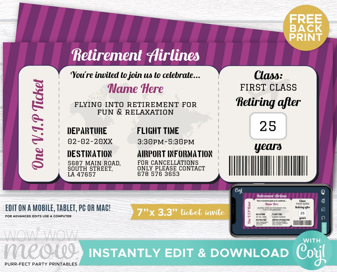 Retirement Ticket Invitation Retired Plane Invite INSTANT DOWNLOAD ...