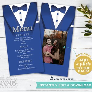 Tuxedo Royal Blue Menu Dinner Dark Blue Silver Template Package INSTANT ...