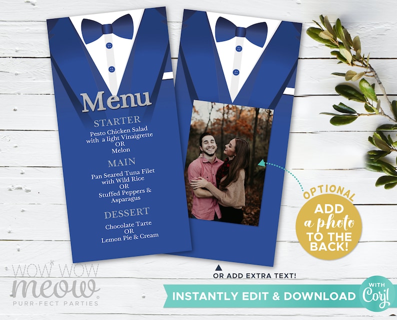 Tuxedo Royal Blue Menu Dinner Dark Blue Silver Template Package INSTANT ...