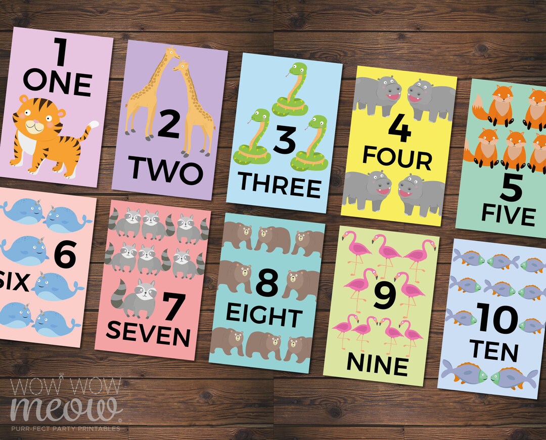 Number Animal Flash Cards Kids Counting Printable Educational Learning ...