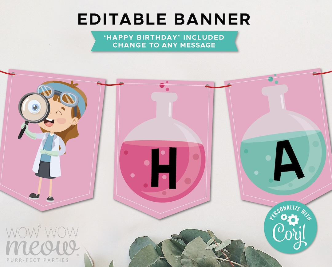 Science Party Banner Birthday Bunting Flags Pink Girls Chemist ...