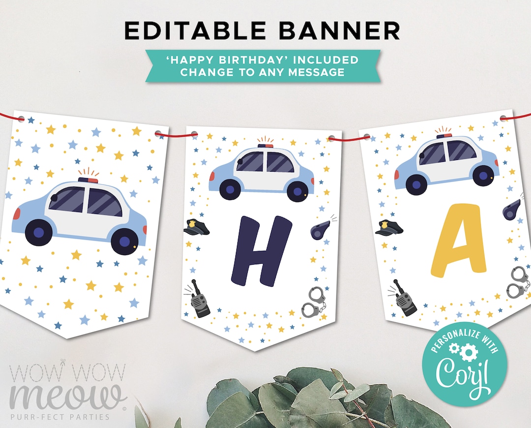 Editable Police Car Party Birthday Cops Banner Birthday Vehicle ...
