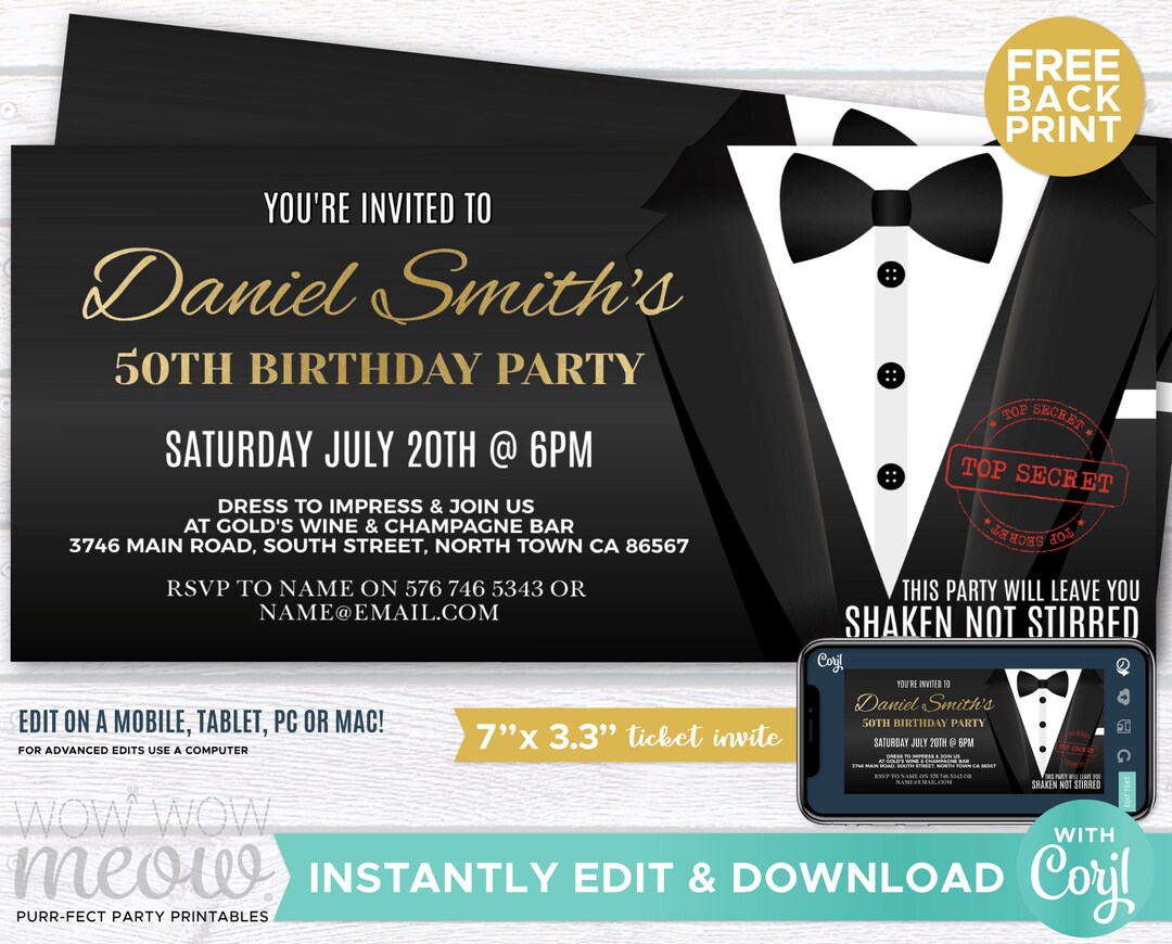 Secret Agent Invitations Tickets Spy Bond Invites INSTANT DOWNLOAD 007 ...