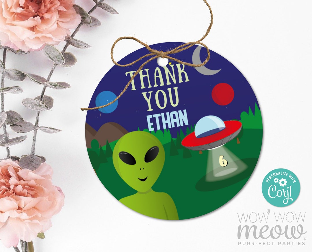 Alien Thank You Tags Birthday Party UFO Spaceship Space Invasion Gift ...