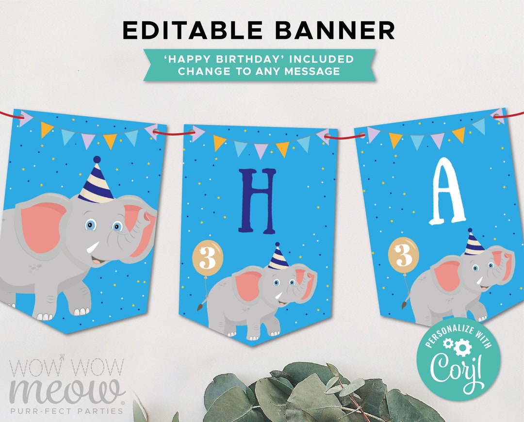 Elephant Party Banner Birthday Blue Editable Wild Zoo Safari Jungle ...