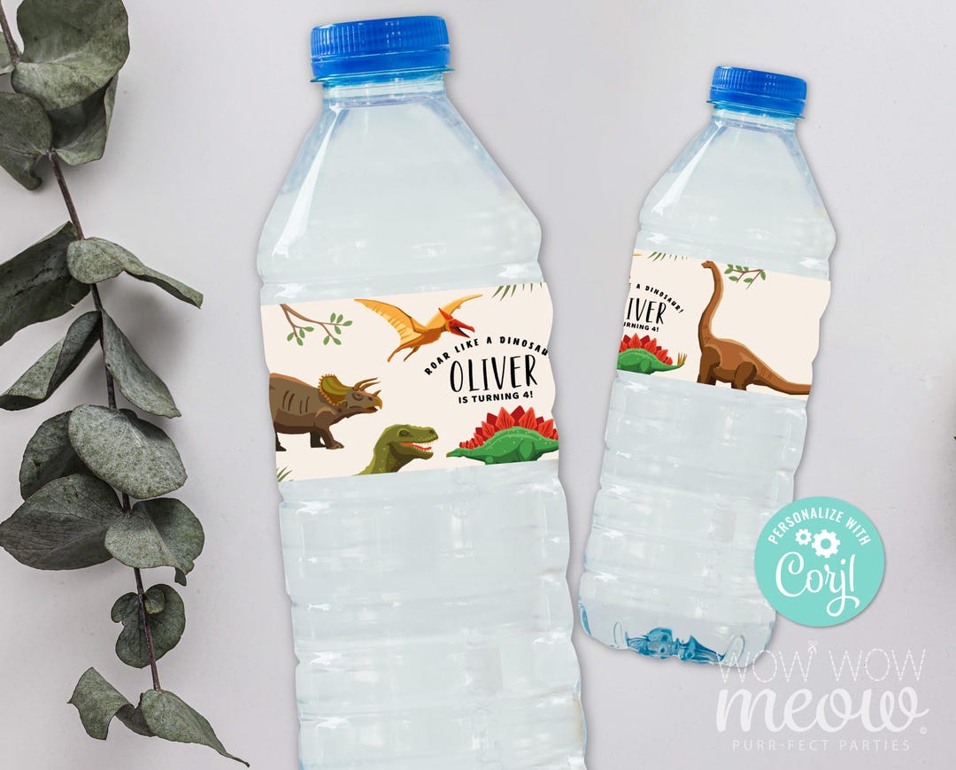 Dinosaur Water Bottle Labels T-rex Editable Dino Jurassic Birthday ...
