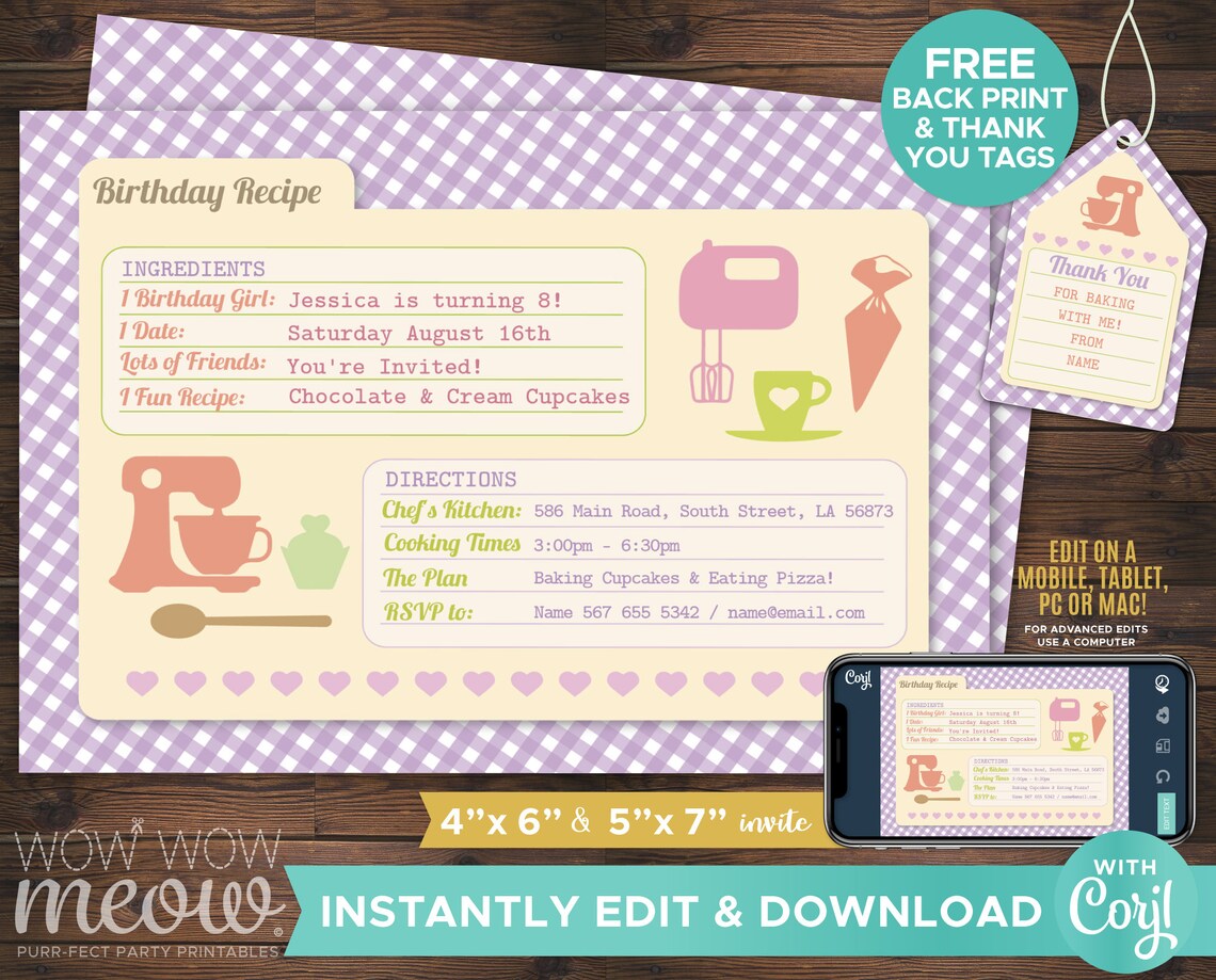 Recipe Card Birthday Party Cookie Bake Invitation INSTANT DOWNLOAD ...