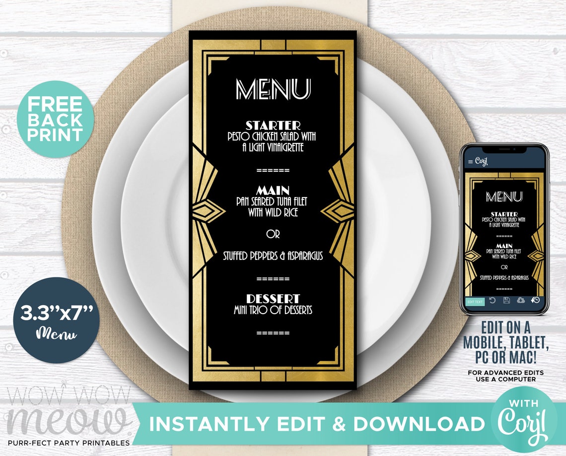 1920's Menu Dinner Gatsby Template Wedding Package INSTANT - Etsy