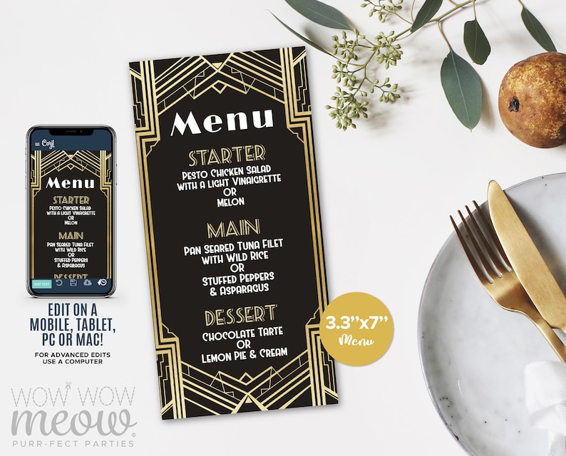 Art Deco Menu Dinner 1920s Gatsby Black Gold Template Package INSTANT ...