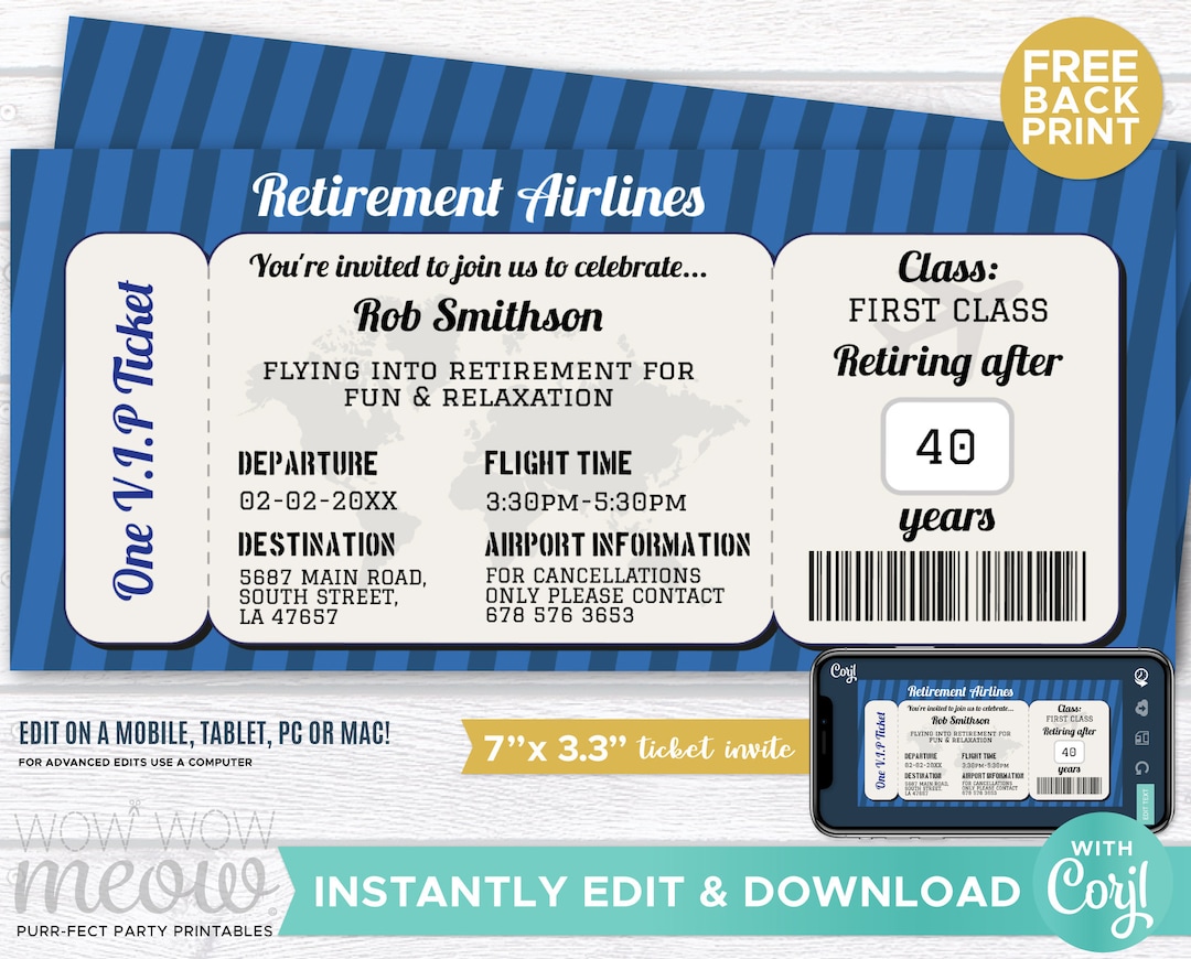 Retirement Invitation Ticket Surprise Retired INSTANT DOWNLOAD Plane ...