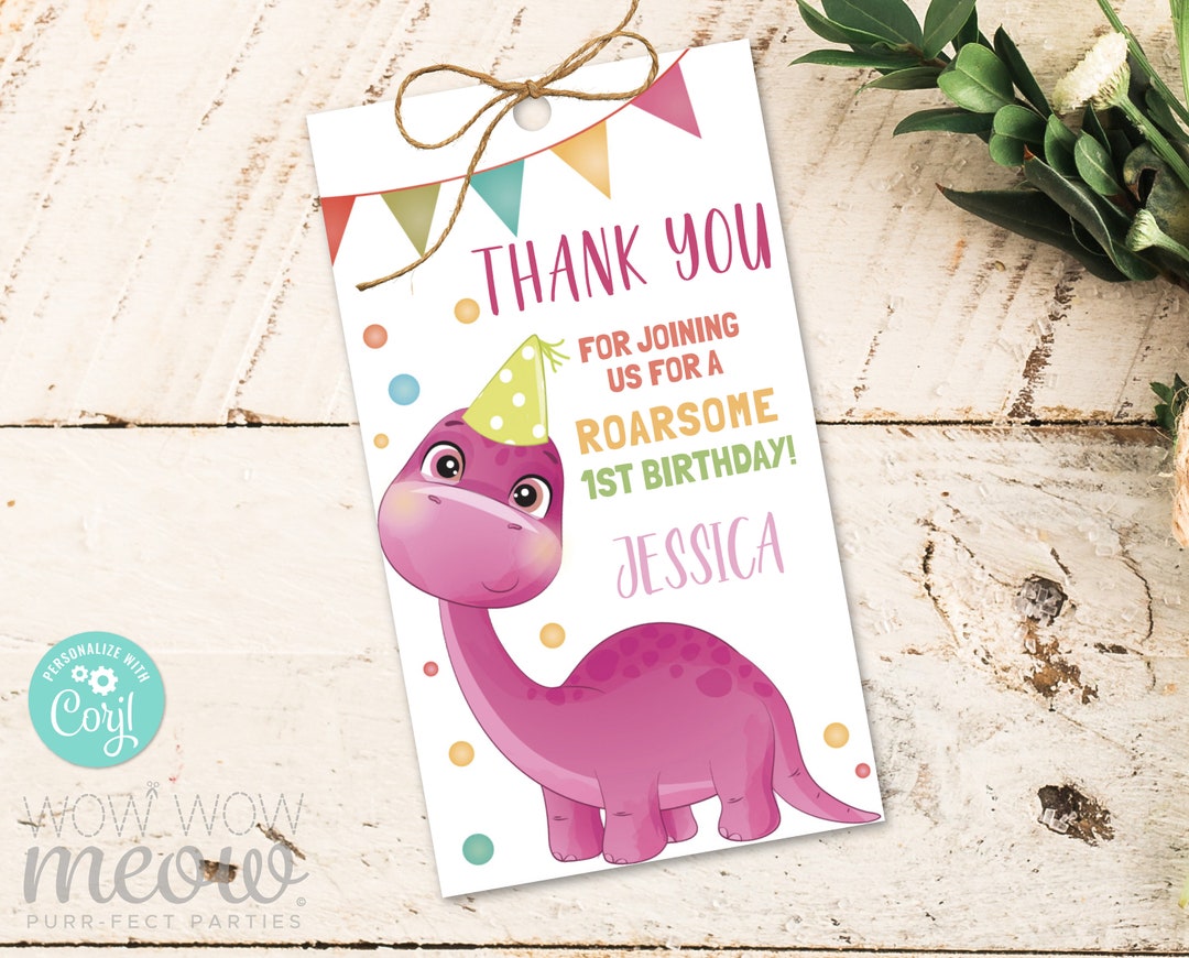 Cute Dino Birthday Pink Party Thank You Tags Girls Gift Tags First Dino ...
