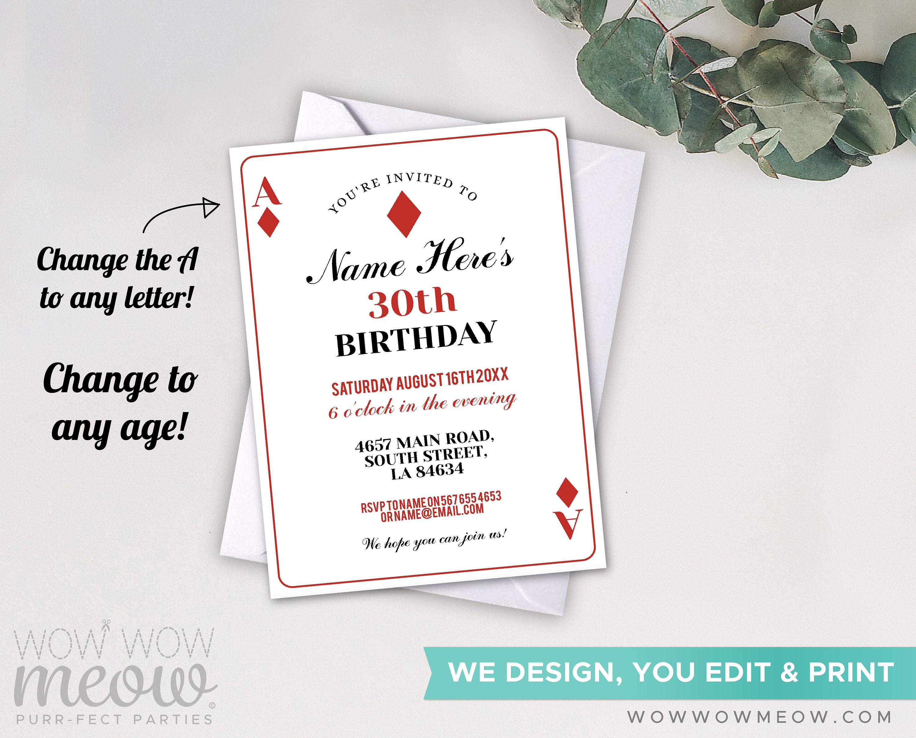 Playing Cards Birthday Invitation Any Age INSTANT DOWNLOAD Casino Vegas ...