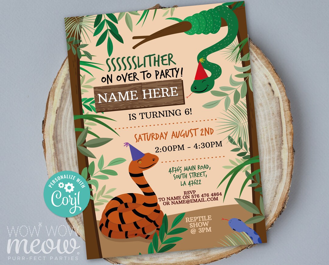 Snake Birthday Invitations Reptile Party Jungle Invite INSTANT DOWNLOAD ...