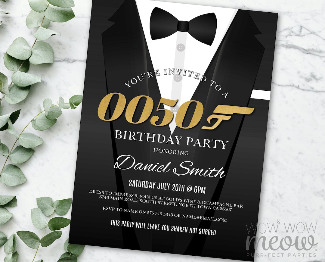 50th Birthday Invite Tuxedo Bond Invitation Black Tie Secret Agent Spy ...