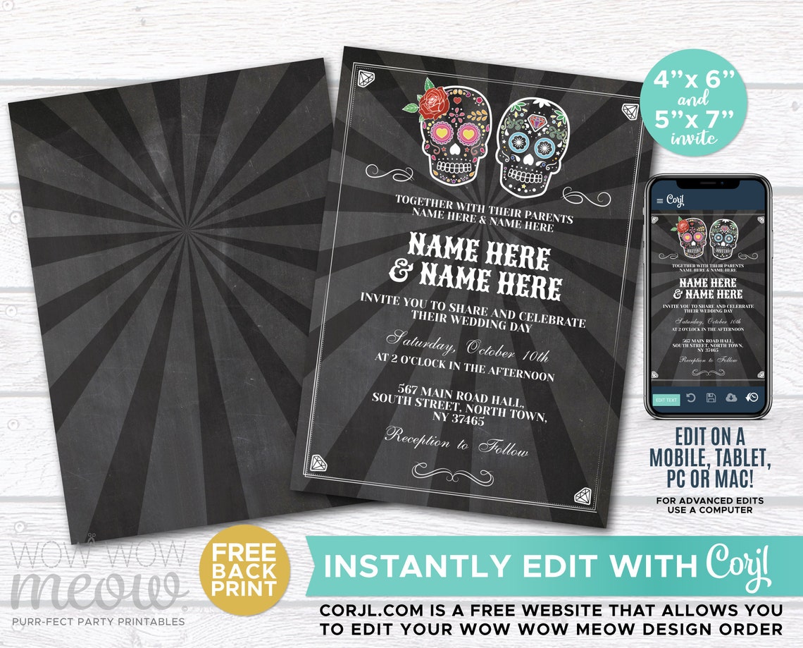 Sugar Skull Wedding Invitations Chalk Set Template Printable Invites ...
