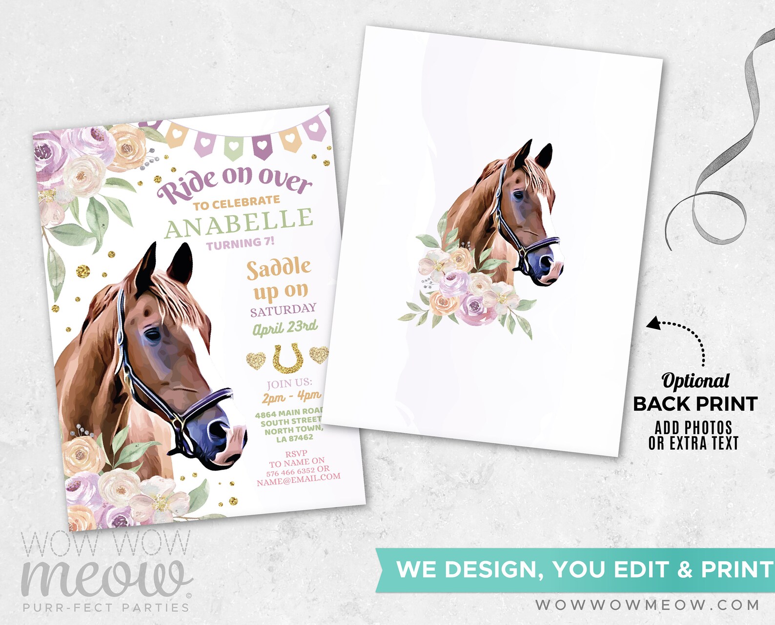 Horse Invitation Birthday Invite Riding Pony Purple Ride on Over Saddle ...