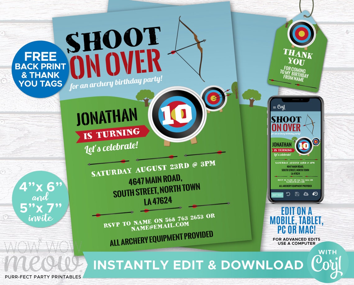 Archery Party Birthday Invite Invitation Outdoor Shooting | Etsy