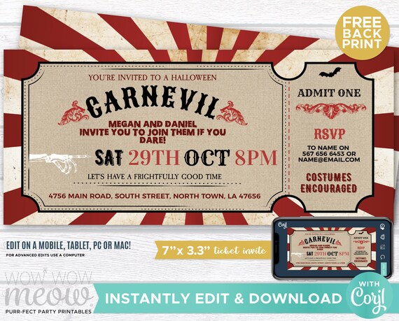 Carnevil Halloween Invitations Carnival Circus Tickets Horror - Etsy