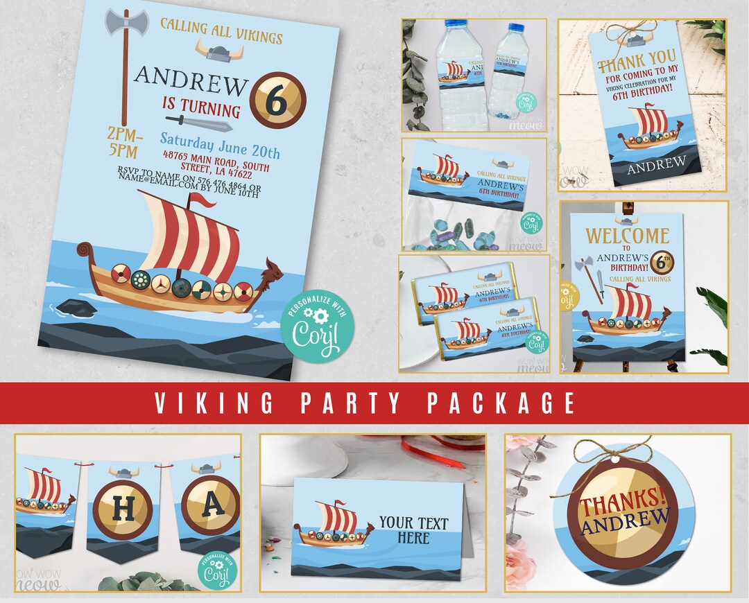 Vikings Party Birthday Bundle Boats EDITABLE Invitations Warriors ...