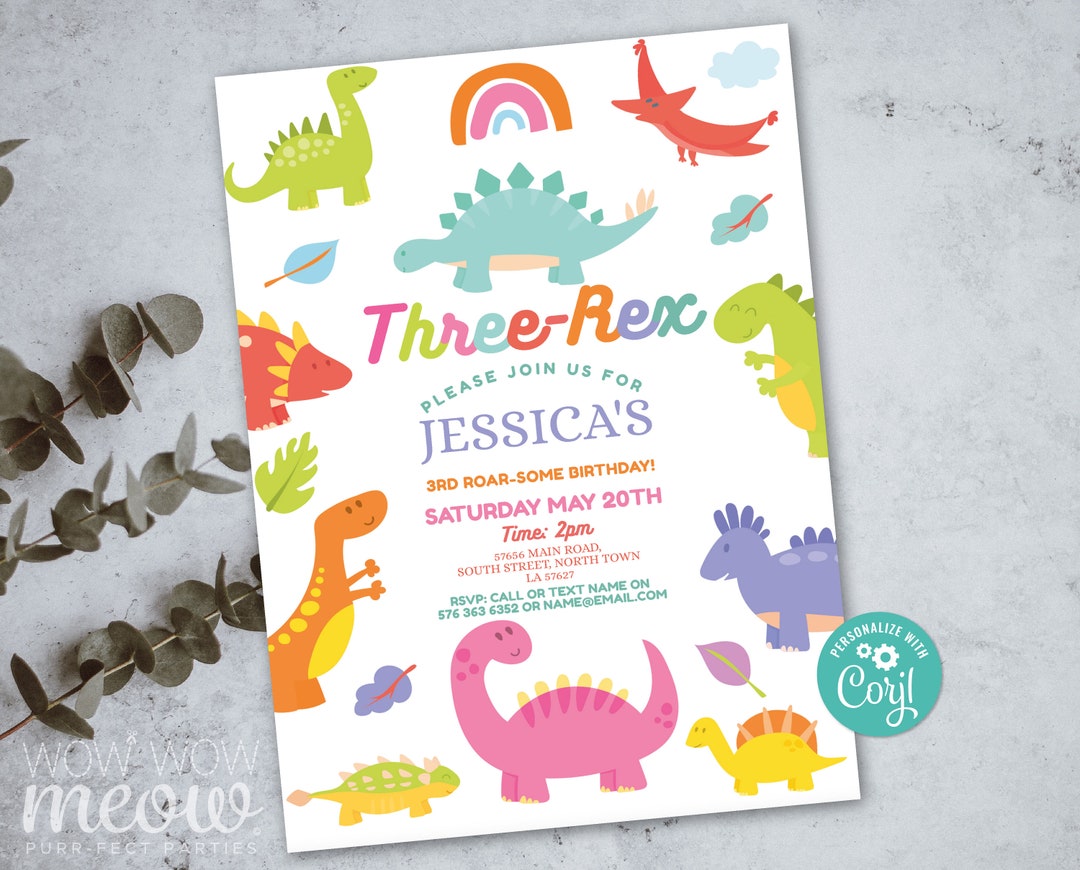Dinosaur Birthday 3 Three Invitation Three-rex Party Dino 3rd ...