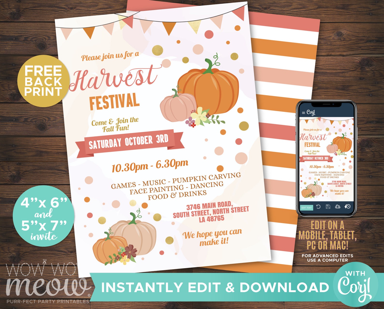 Harvest Festival Invitations Pumpkins Event Party INSTANT DOWNLOAD ...