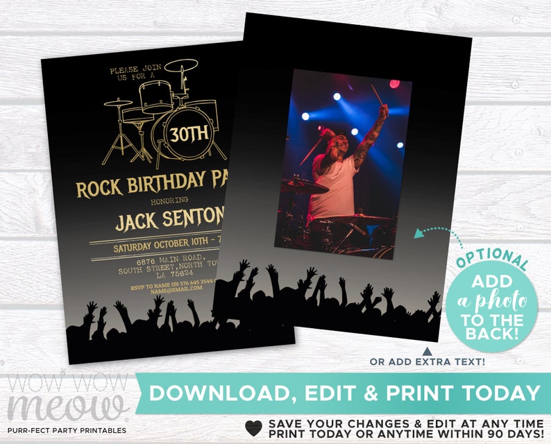 Rock Birthday Invitations N Roll Gold Party Invite Drum Kit | Etsy