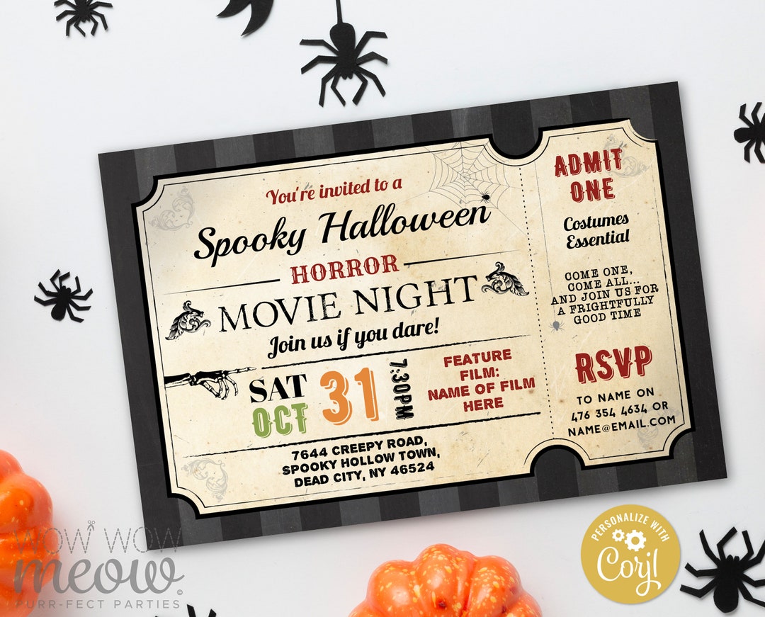 Halloween Invitations Ticket Horror Movie Night Film Party Printable ...