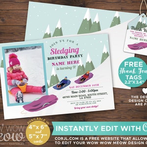 Sledging Invitation Birthday Photo Party Pink Girls Sledge Winter Snow ...