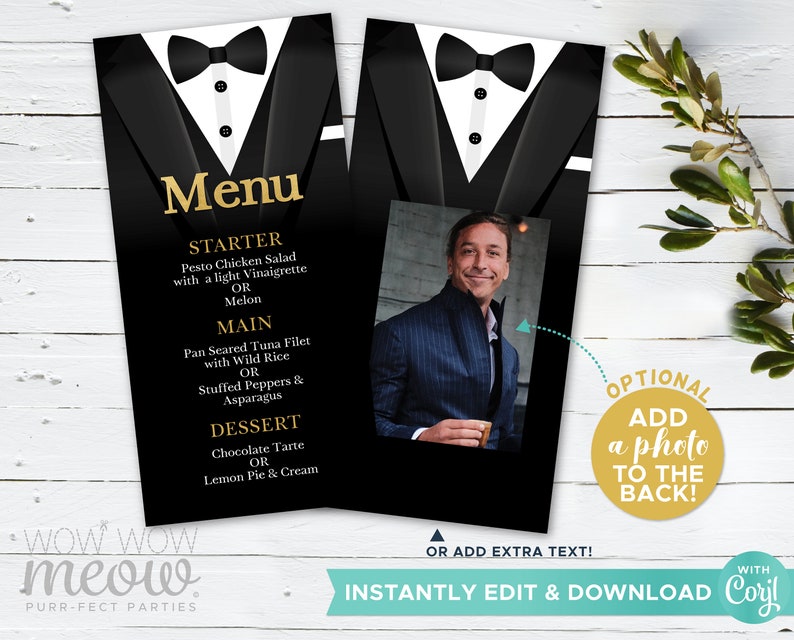 Tuxedo Black Tie Menu Dinner Template Package INSTANT DOWNLOAD - Etsy