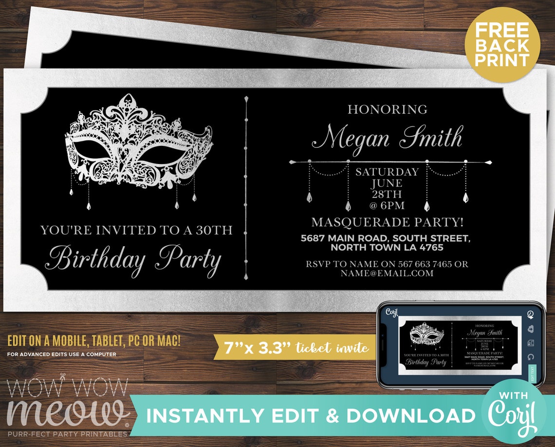 MASQUERADE Birthday Party Ticket Invitation Silver Mask Invite - Etsy