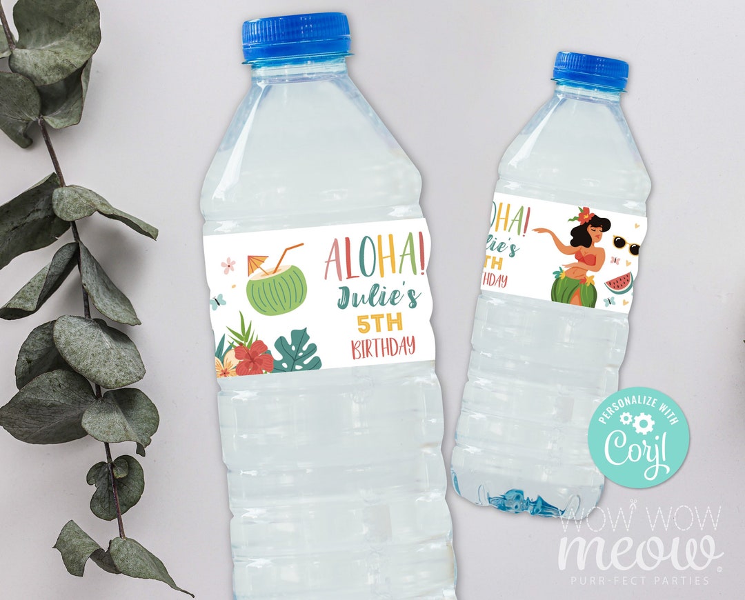 Aloha Tiki Water Bottle Labels Editable Tropical Totem Pole Birthday ...