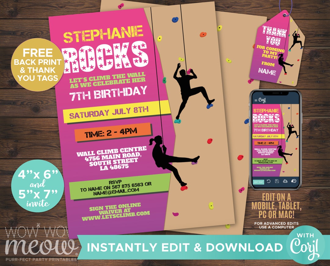Rock Climbing Invitation Indoor Climbing Wall Invite Birthday Party ...