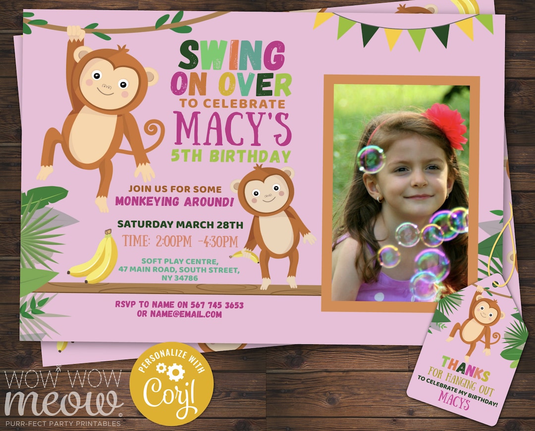 Monkey Invitation Birthday Photo Party Swing by INSTANT DOWNLOAD Pink ...